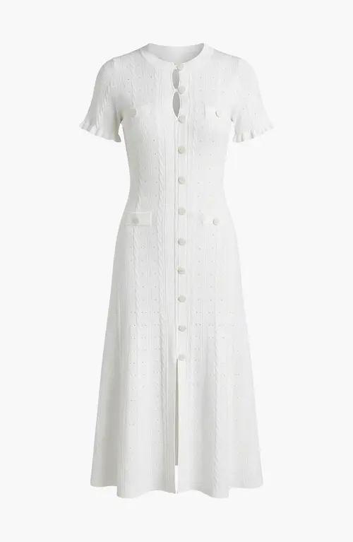 MODENAIRE Button-front Knit Midi Dress With Ruffled Short Sleeves - White