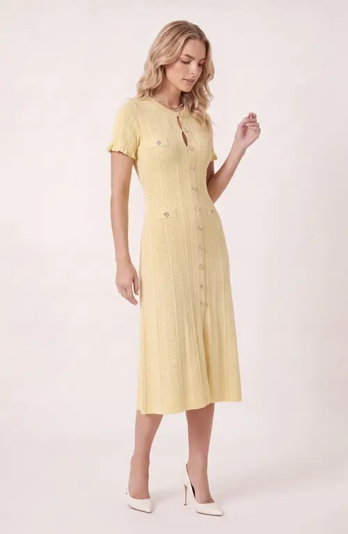 MODENAIRE Button-front Knit Midi Dress With Ruffled Short Sleeves - Yellow