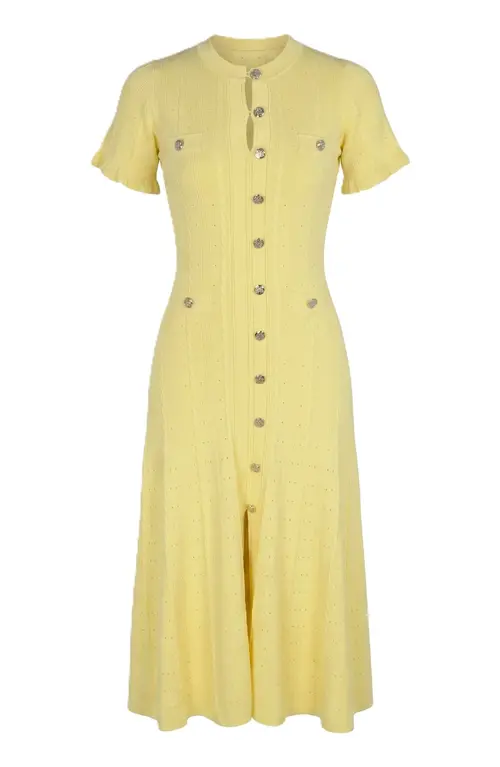 MODENAIRE Button-front Knit Midi Dress With Ruffled Short Sleeves - Yellow