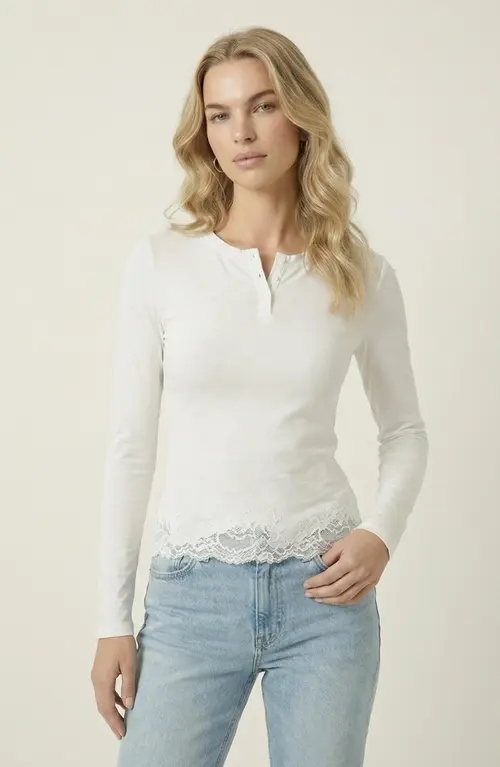 MODENAIRE Lace Trim Henley Top