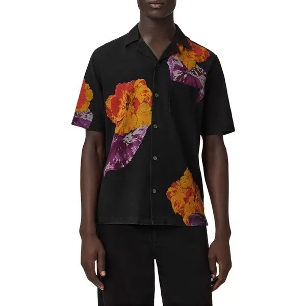 ALLSAINTS Nouvelle Floral Linen & Cotton Camp Shirt - Jet Black