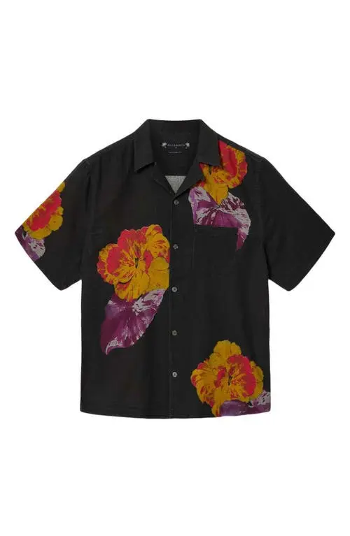 ALLSAINTS Nouvelle Floral Linen & Cotton Camp Shirt - Jet Black