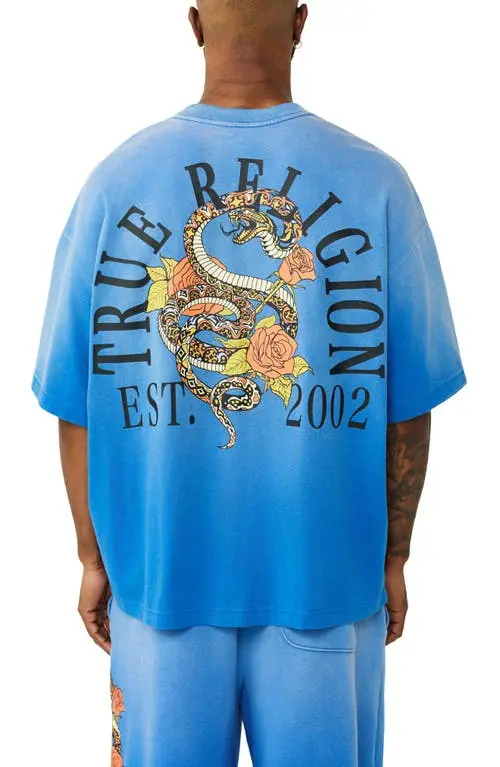 True Religion Oversized Floral Snake Graphic T-shirt - Lapis Blue