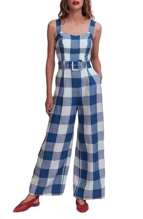 Boden Panelled Bodice Linen Jumpsuit - Denim Blue Gingham