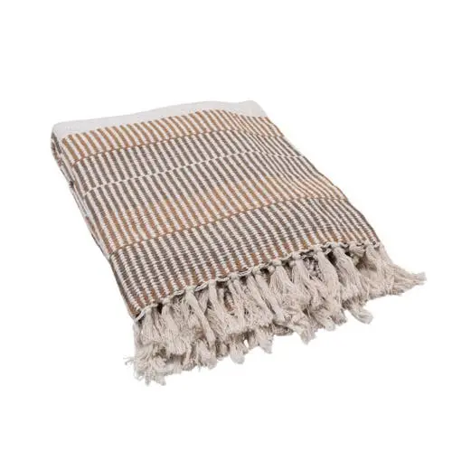 STORIED HOME Woven Cotton Blend Throw With Stripes And Fringe - Beige