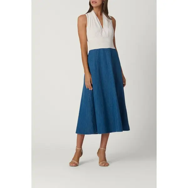 Shoshanna Crinkle Chiffon Denim Combo Bentley Dress