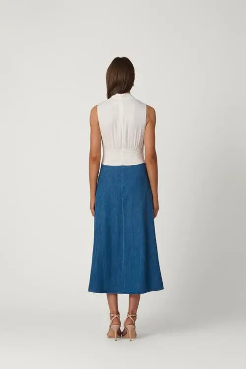 Shoshanna Crinkle Chiffon Denim Combo Bentley Dress