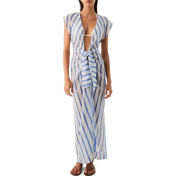 VIX PAULA HERMANNY Sasha Tie Front Cotton Cover-up Dress - Blue/white Multi