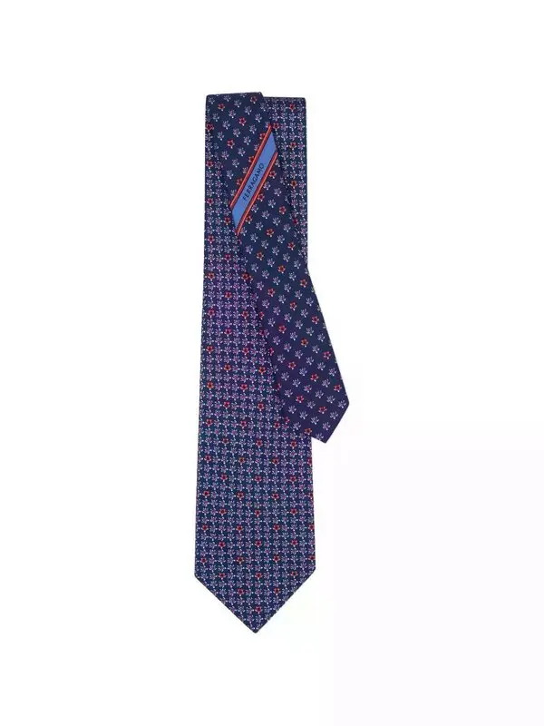 FERRAGAMO Gancini Turtles Print Silk Neck Tie - Blue