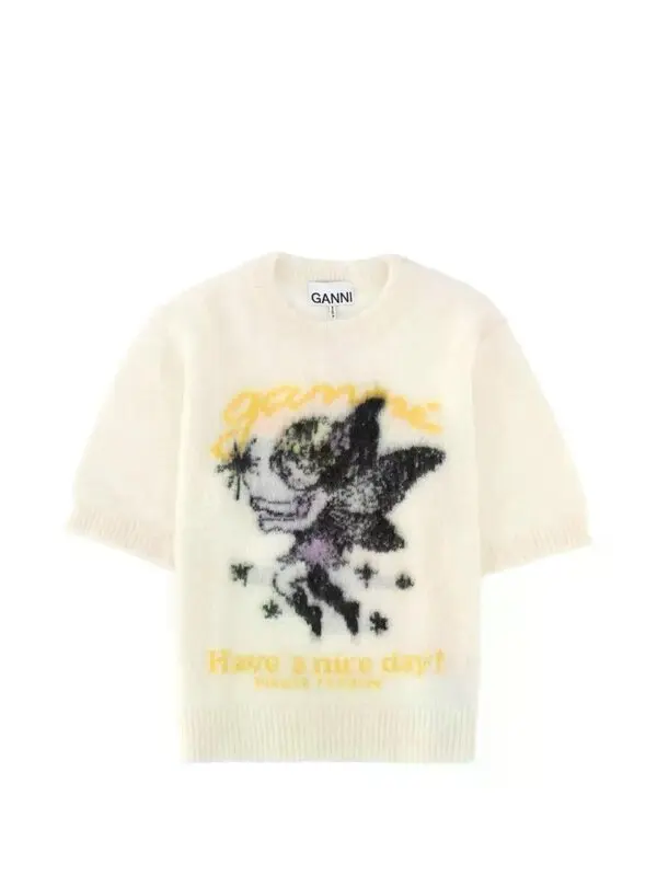 GANNI Graphic-detail Short-sleeve Sweater - Neutrals