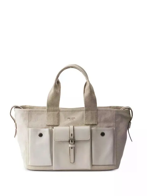 Prada Route Canvas And Leather Tote Bag - Neutrals