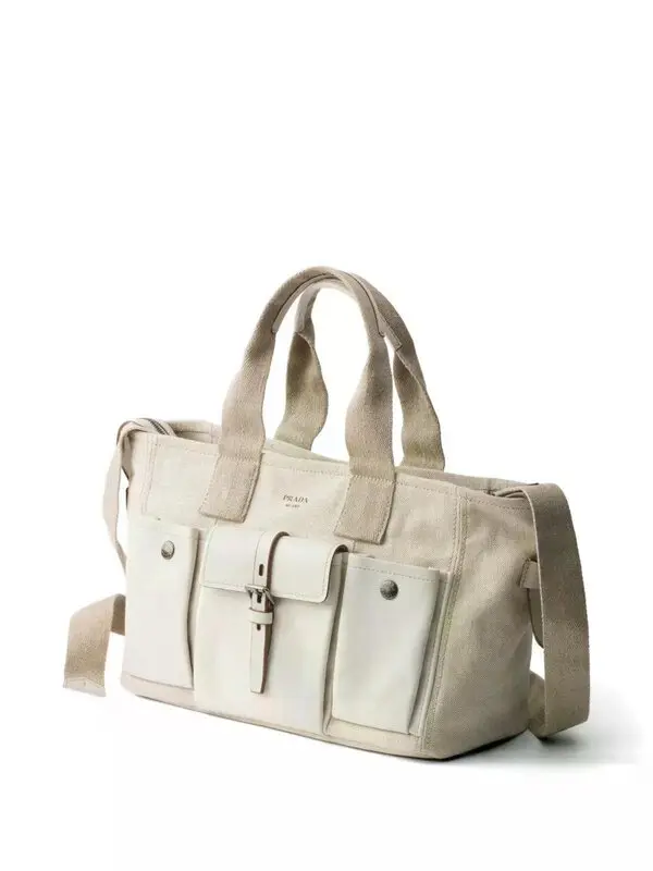 Prada Route Canvas And Leather Tote Bag - Neutrals