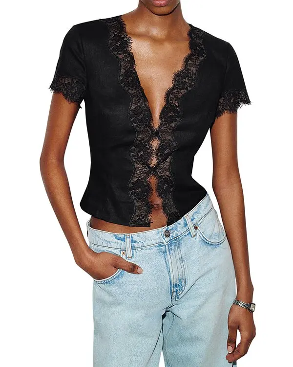 REFORMATION Brynn Linen Lace Trimmed Top - Black