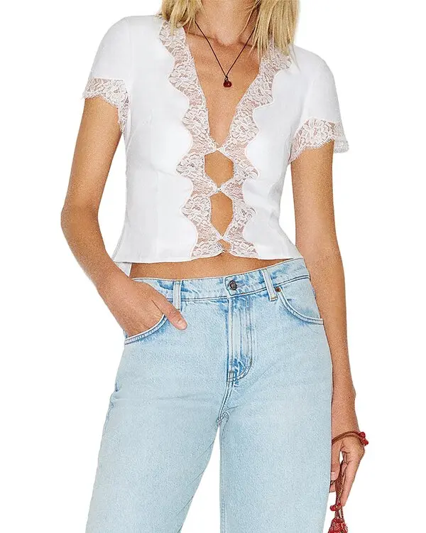 REFORMATION Brynn Linen Lace Trimmed Top - White