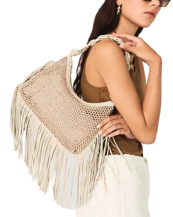 Maje Fringed Leather Mesh Hobo Bag