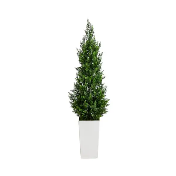 NEARLY NATURAL Uv Resistant Artificial Cedar Tree In White Tower Planter 56 - Green