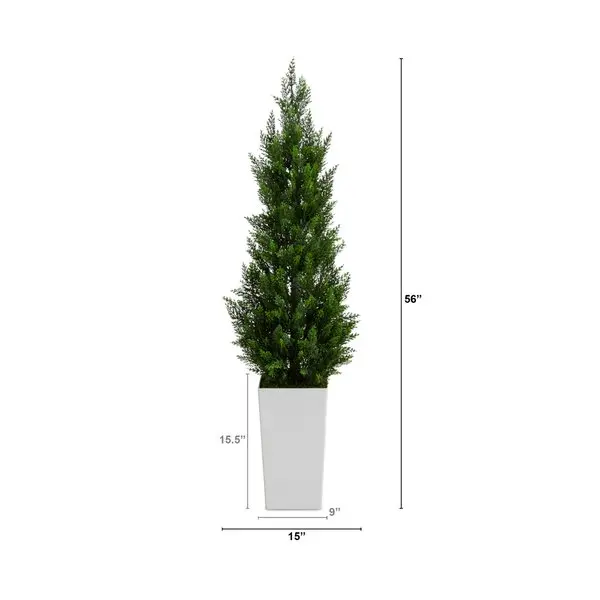 NEARLY NATURAL Uv Resistant Artificial Cedar Tree In White Tower Planter 56
