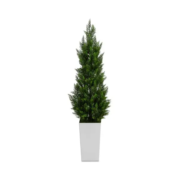 NEARLY NATURAL Uv Resistant Artificial Cedar Tree In White Tower Planter 56