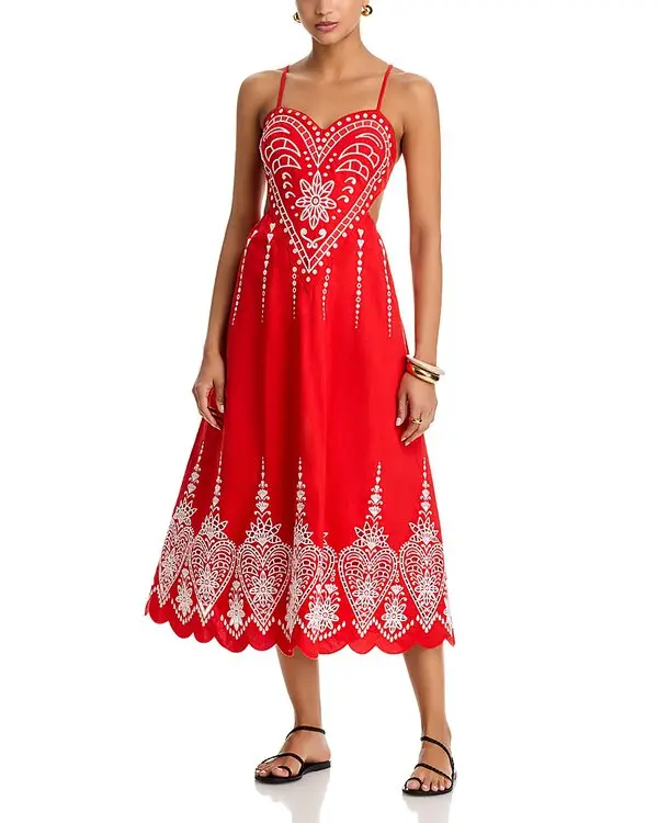 Farm Rio Heart Richilieu Sleeveless Midi Dress - Dark Red