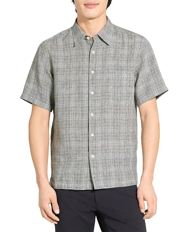 Theory Irving Short Sleeve Shirt In Relaxed Linen - Pine Grove Multi