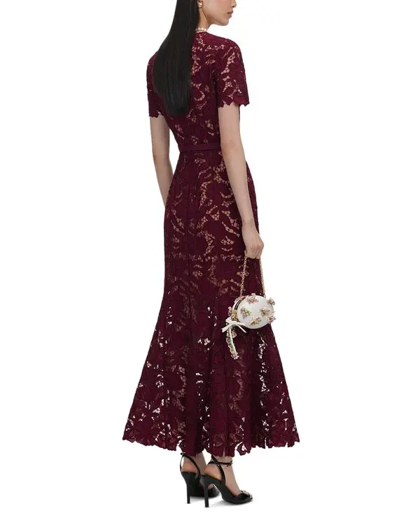 SELF-PORTRAIT Knit Midi Dress With Bow Detail - Burgundy