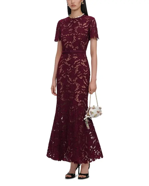SELF-PORTRAIT Knit Midi Dress With Bow Detail - Burgundy