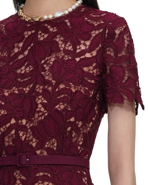 SELF-PORTRAIT Knit Midi Dress With Bow Detail - Burgundy