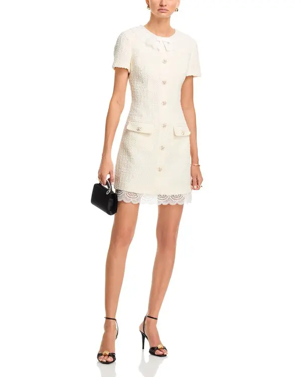 SELF-PORTRAIT Boucle Lace Trim Mini Dress - Cream