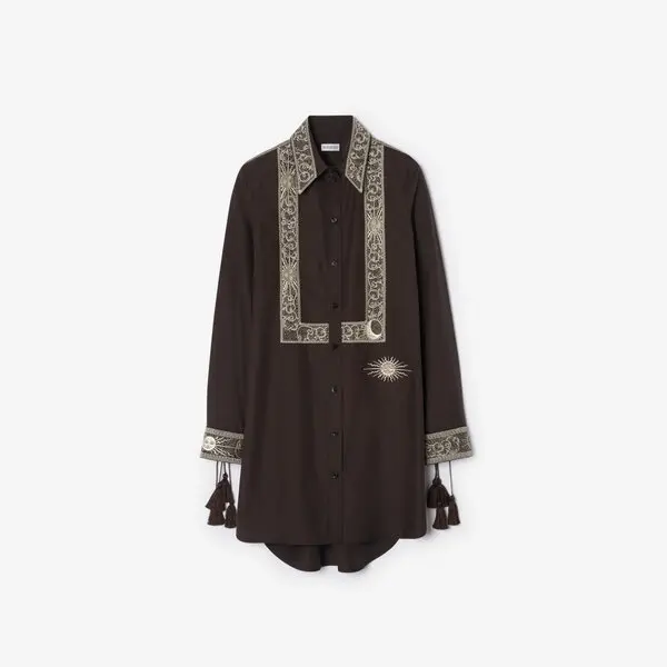 Burberry Embroidered Silk Shirt Dress - Campfire Brown