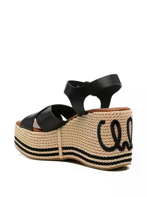 Chloé Logo Embroidered Platform Wedge Sandals - Black