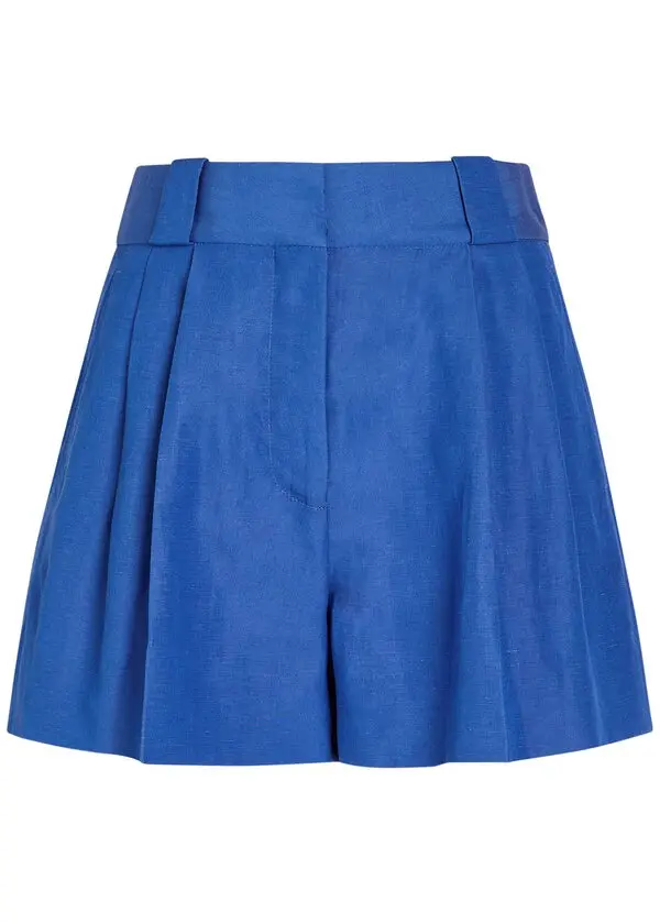 BLAZÉ MILANO Selle Pleated Silk And Linen-blend Shorts - Blue