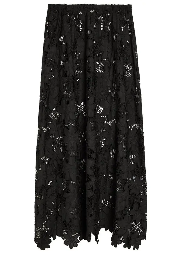 SOLAQUA Margaux Embroidered Guipure-lace Maxi Skirt - Black