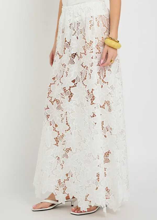 SOLAQUA Margaux Embroidered Guipure-lace Maxi Skirt - White