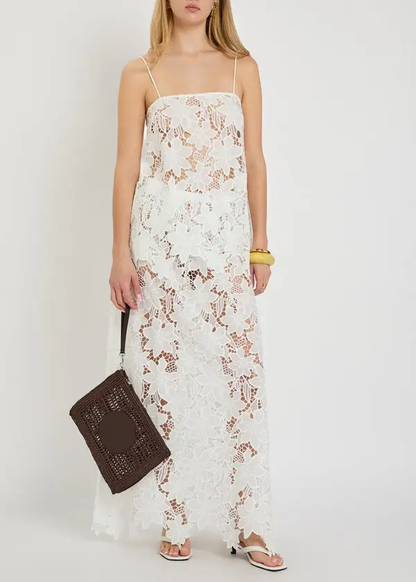 SOLAQUA Margaux Embroidered Guipure-lace Maxi Skirt - White