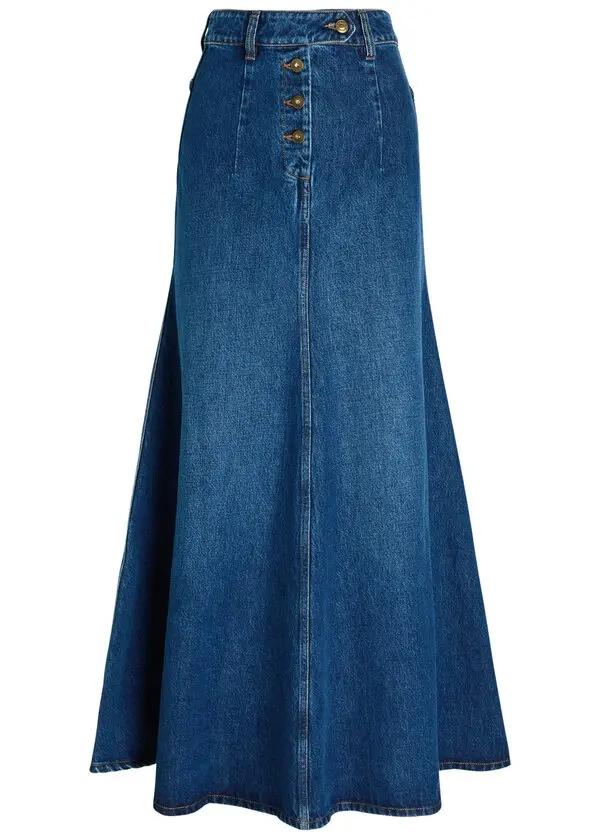 A.W.A.K.E. Mode Cut-out Flared Denim Midi Skirt