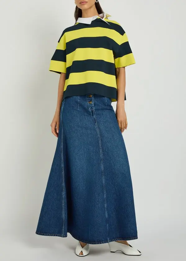 A.W.A.K.E. Mode Cut-out Flared Denim Midi Skirt