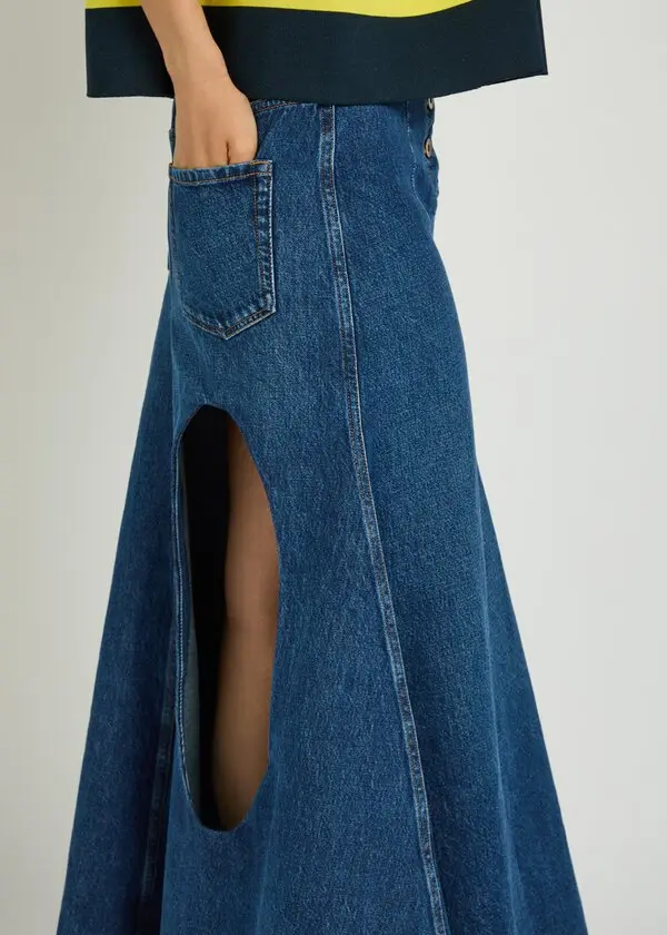 A.W.A.K.E. Mode Cut-out Flared Denim Midi Skirt
