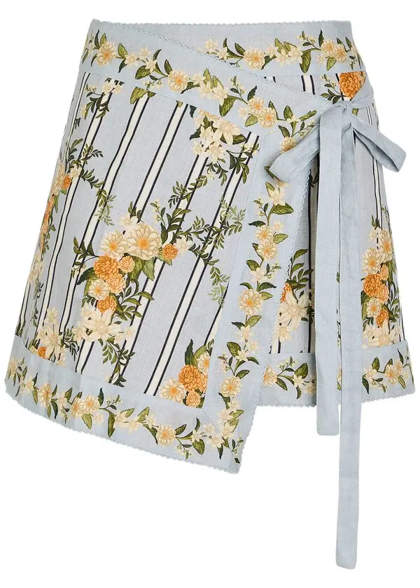 Agua Bendita Luna Floral-print Linen Mini Wrap Skirt - Multicoloured