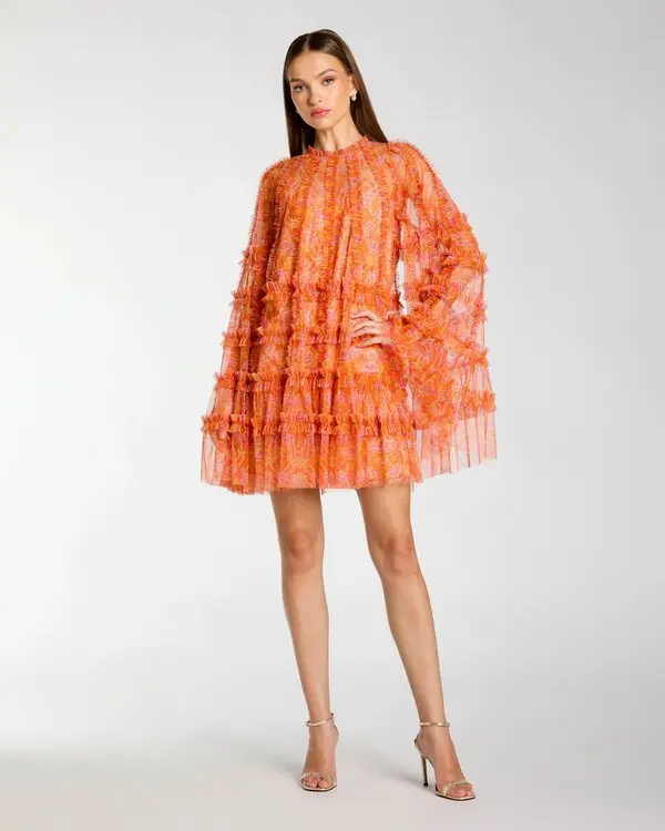 Mac Duggal Floral Ruffle Long Sleeve Mini Dress