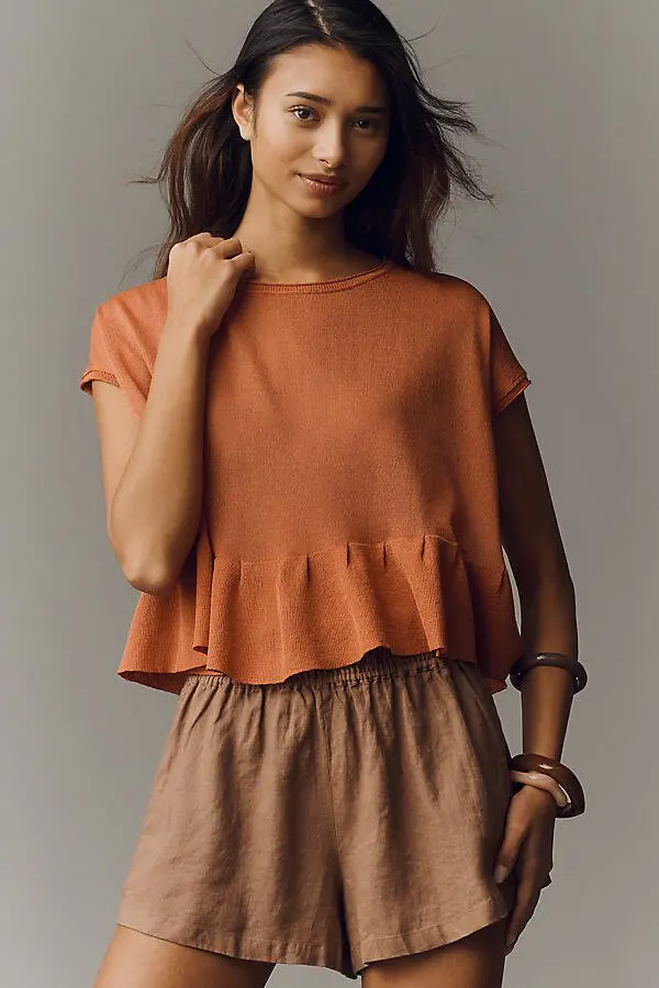 Anthropologie Short-sleeve Crew-neck Ruffle Sweater - Amber