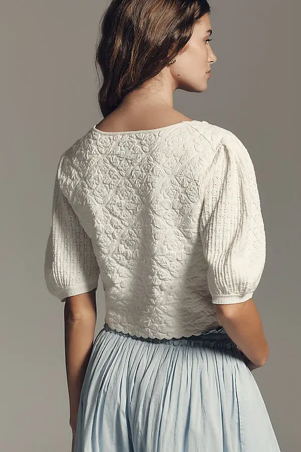Maeve Puff-sleeve V-neck Embossed Sweater