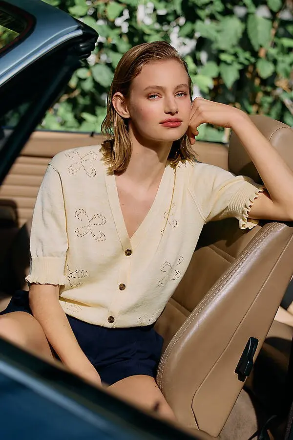 Maeve Potelle Pointelle Knit Cardigan Sweater - Pastel Yellow
