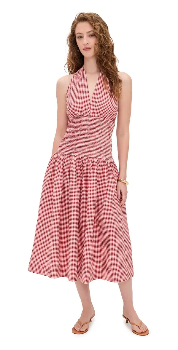 WAYF Margeaux Halter Neck Gingham Check Midi Dress