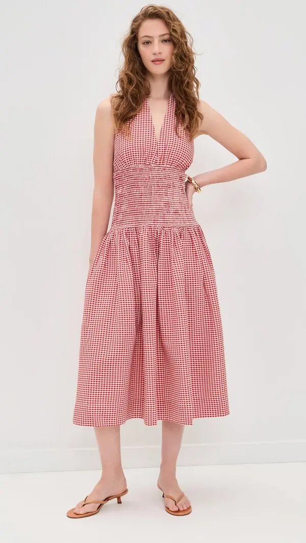 WAYF Margeaux Halter Neck Gingham Check Midi Dress
