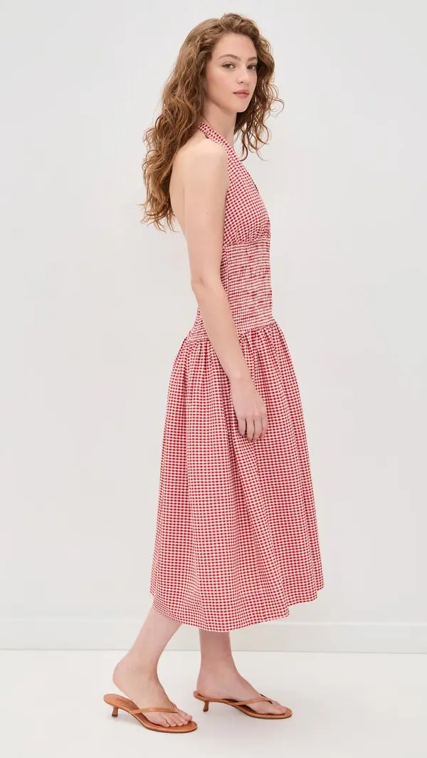 WAYF Margeaux Halter Neck Gingham Check Midi Dress