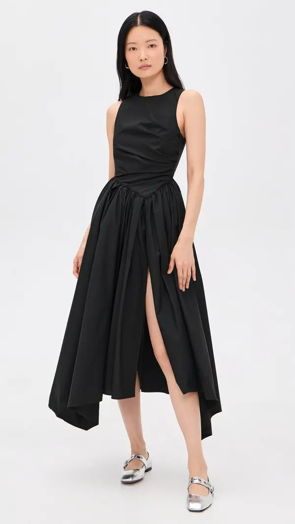 knee length dresses for ladies Satin Midi Dress With A Side Slit: BLACK – DylanMarie