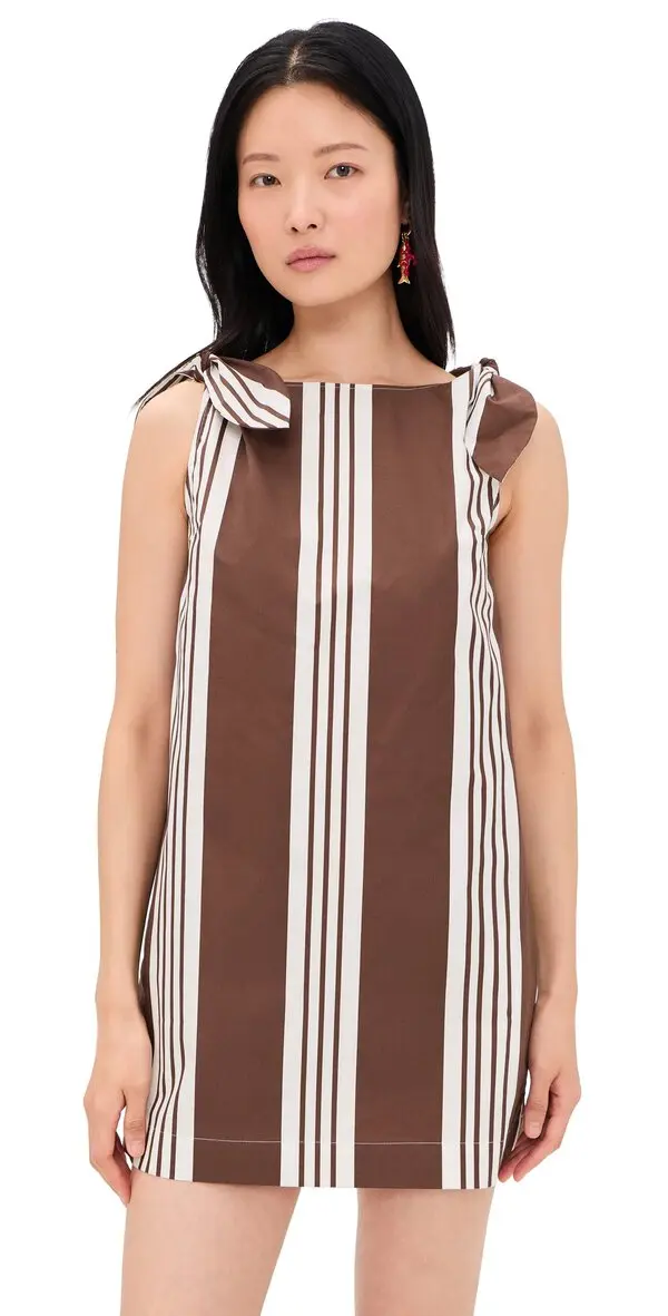 Posse Rosie Mini Dress With Boatneck And Open Back In Striped Poplin - Chocolate Stripe