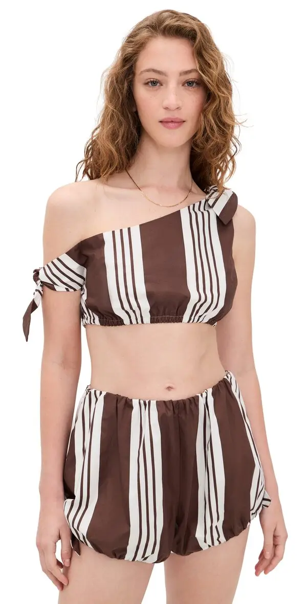 Posse Rosie One-shoulder Striped Cotton Top - Chocolate Stripe