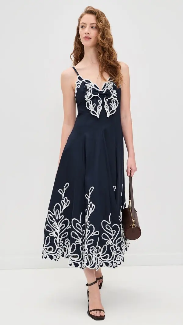 Cinq À Sept Embroidered Bow Neck Midi Dress