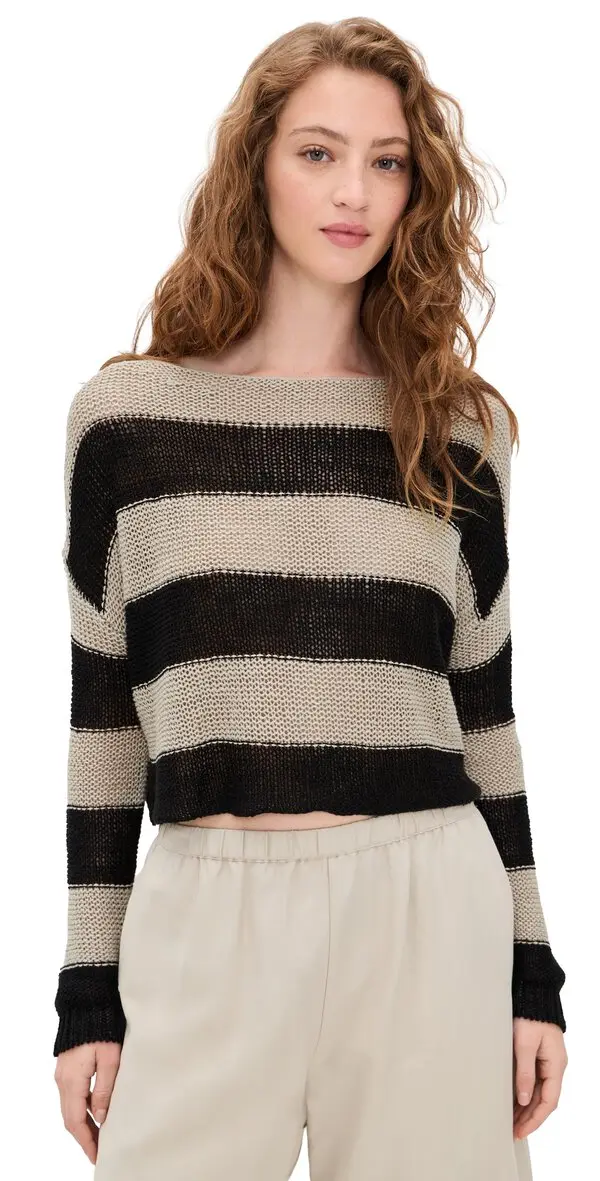 Enza Costa Stripe Linen Bateau Sweater - Oatmeal/black